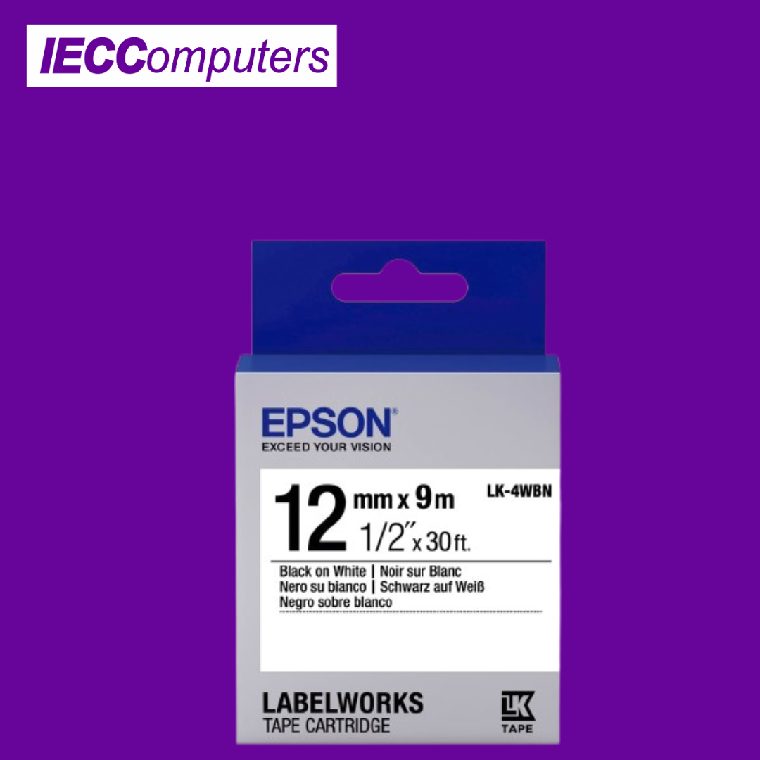 EPSON LABELWORKS STANDARD LK-4WBN TAPE CARTRIDGE ~12mm BLACK ON WHITE ...